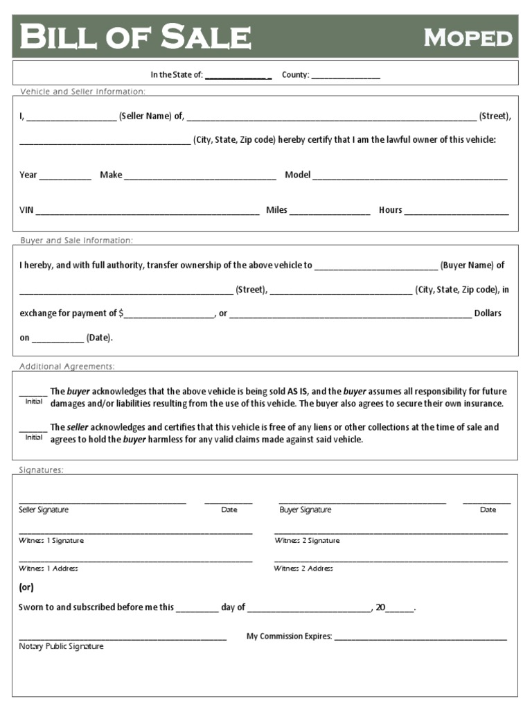 An As-Is Bill of Sale for the Transfer of Ownership of a Used Moped ...