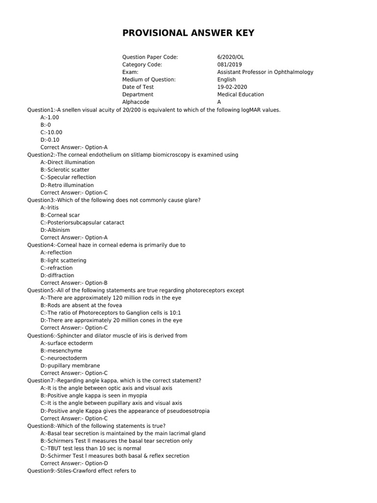 Provisional Answer Key | PDF | Human Eye | Ophthalmology