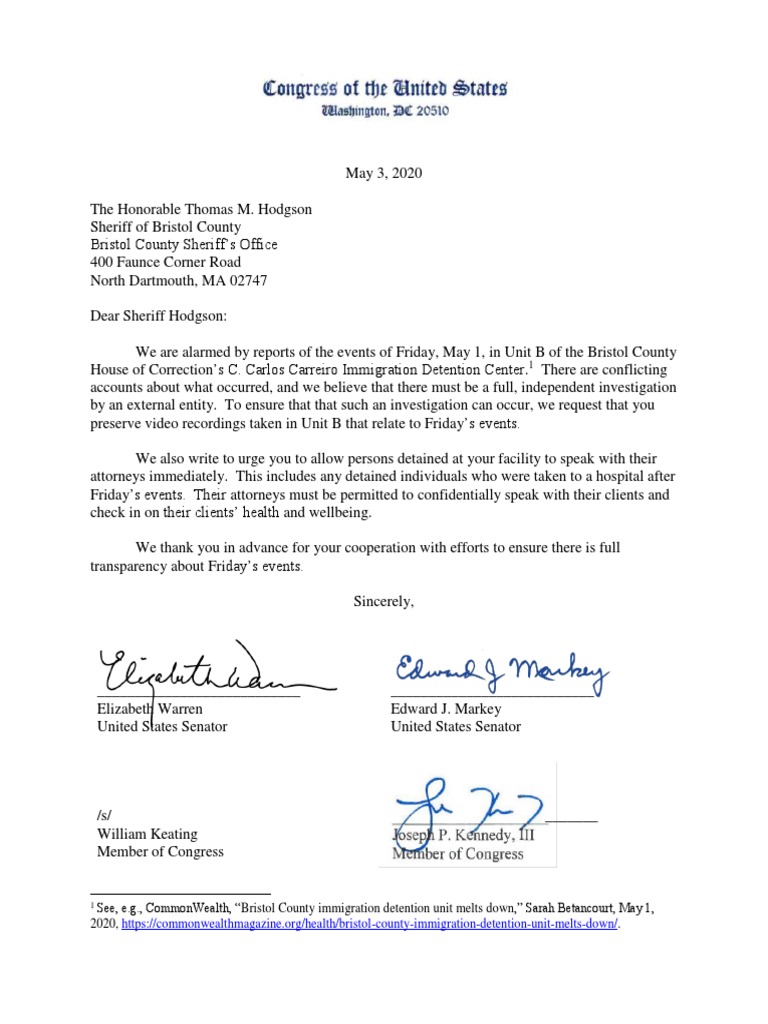 Letter To Bristol County Sheriff Thomas M. Hodgson | PDF