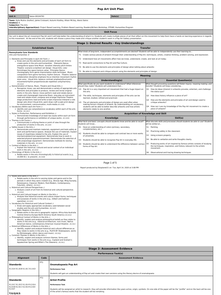Pop Art Unit Plan | PDF | Improvisation | Genre