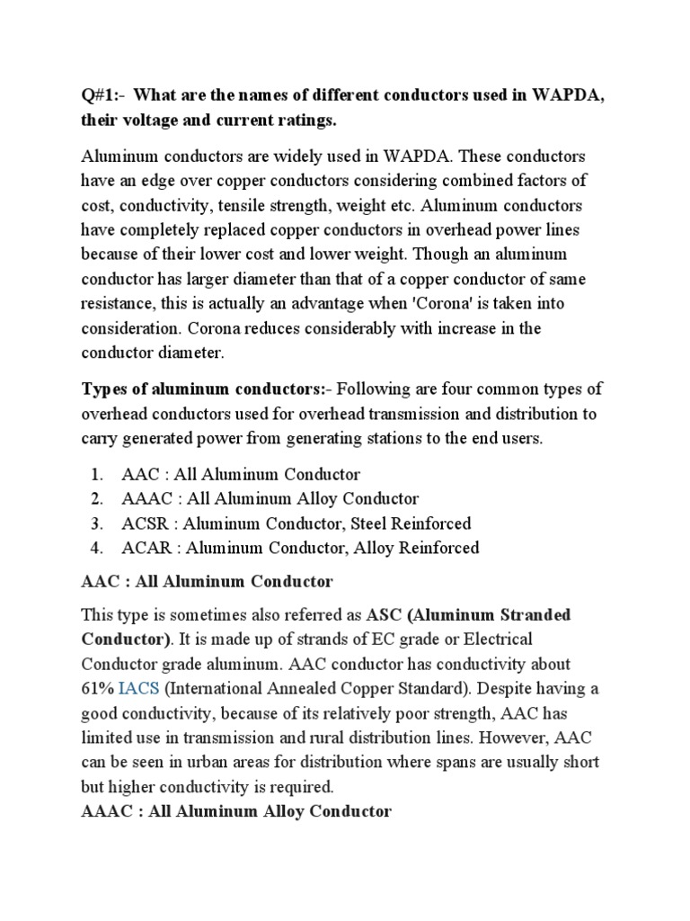 Q#1:-What Are The Names of Different Conductors Used in WAPDA, Their ...