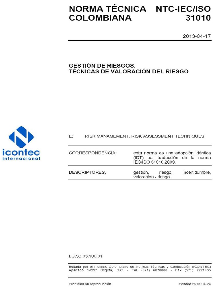 NTC-IEC/ISO 31010: Técnicas de Riesgo | PDF | Probabilidad | Toma de ...