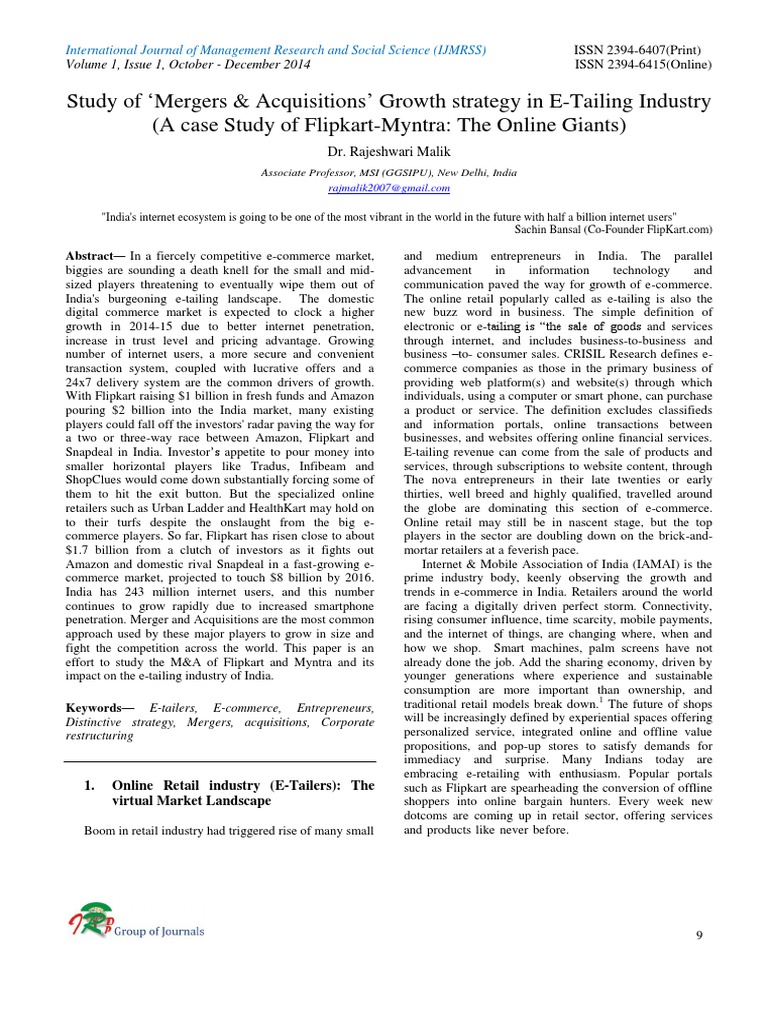 Mergers & Acquisitions in E-Tailing: Flipkart-Myntra Case Study | PDF ...