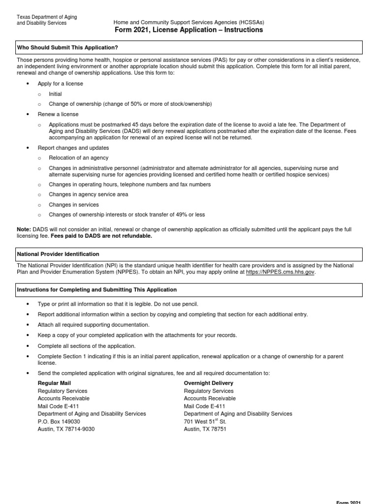 Form 2021, License Application - Instructions: Texas Department of ...