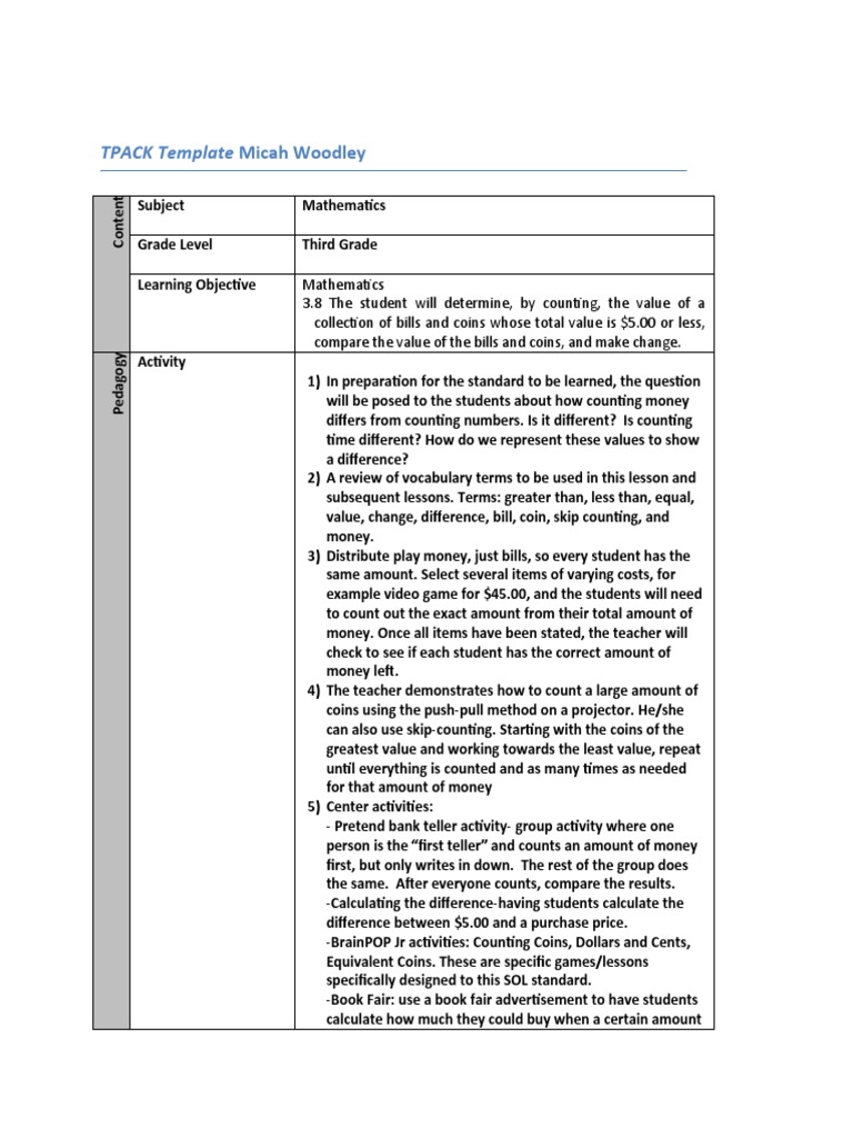 Third Grade Money Counting Lesson Plan | PDF | Money | Teachers