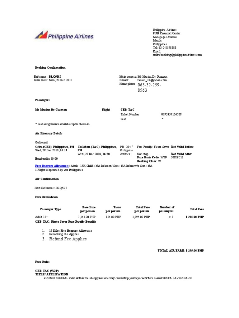 Philippine Airlines Booking Confirmation for CEB to TAC Flight | PDF ...