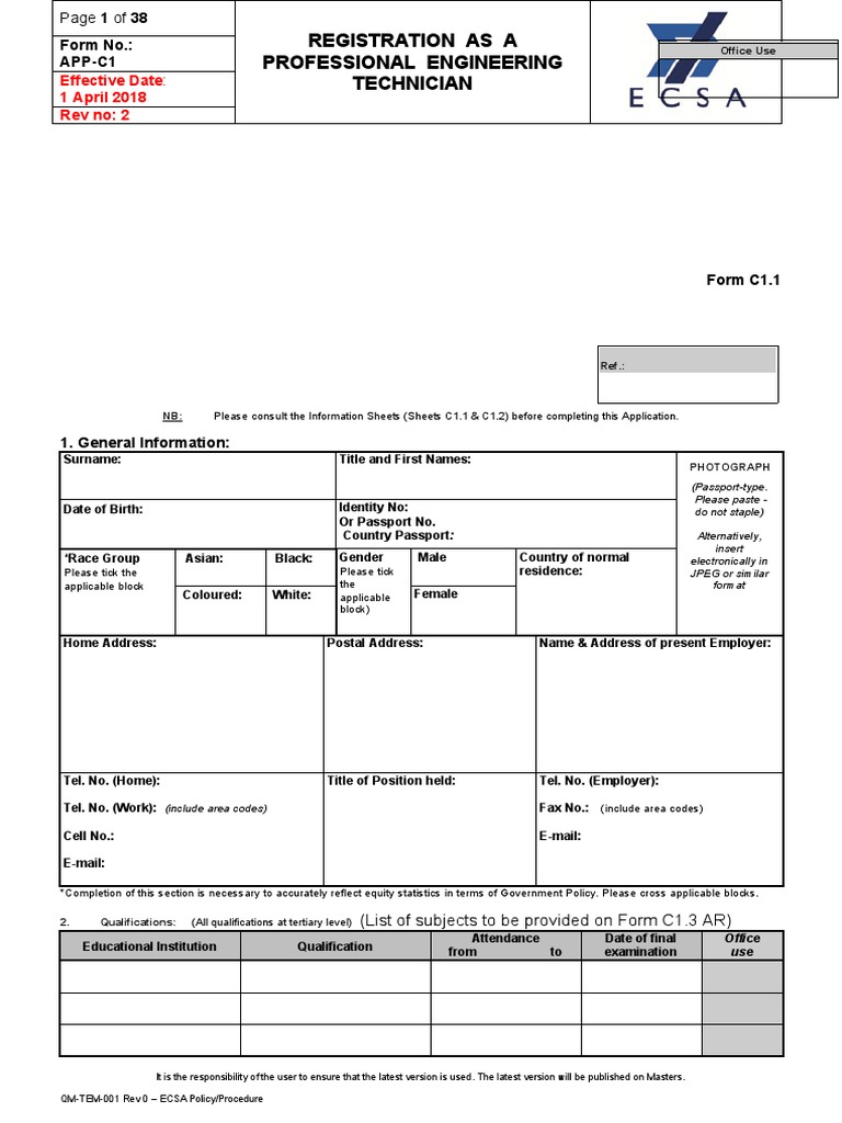Registration As A Professional Engineering Technician: Effective Date: 1 April 2018 Rev no: 2 ...