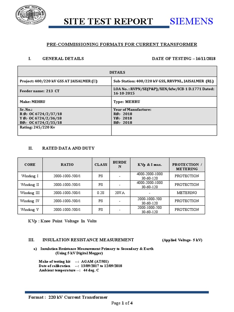 CT Test Report Bay No 213-P | PDF | Electrical Components ...