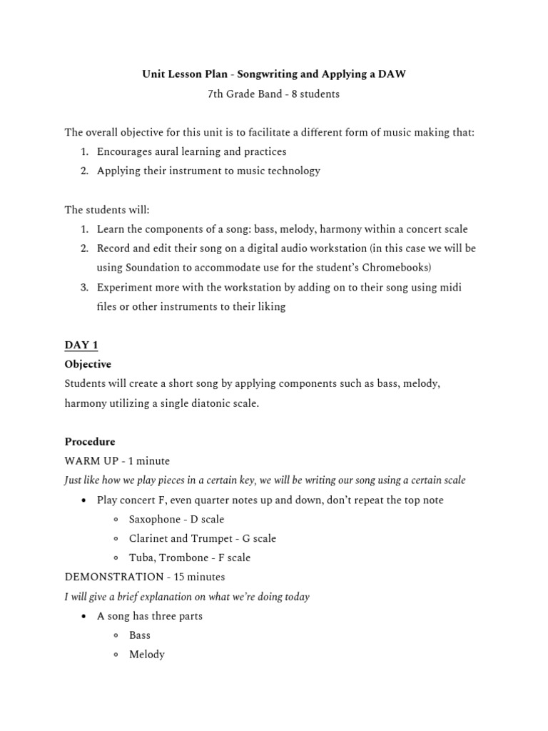Unit Lesson Plan - Songwriting and Applying A DAW | PDF | Double Bass ...