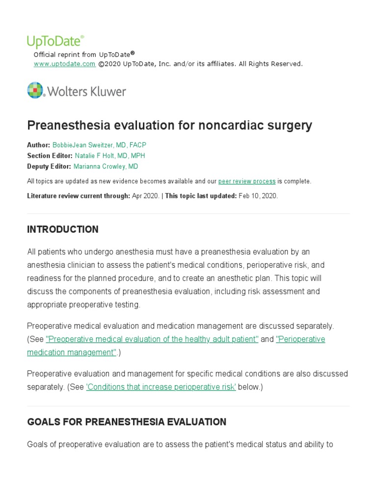 Preanesthesia Evaluation For Noncardiac Surgery - UpToDate PDF | PDF ...