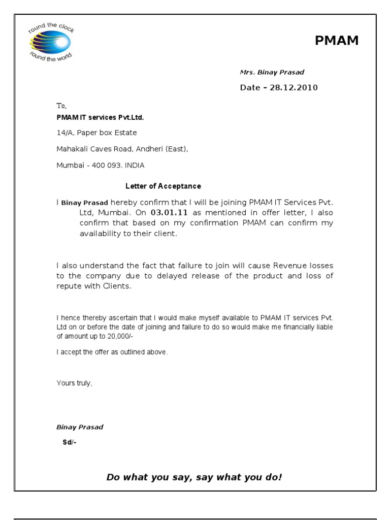 Acceptance Letter to PMAM IT Services | PDF