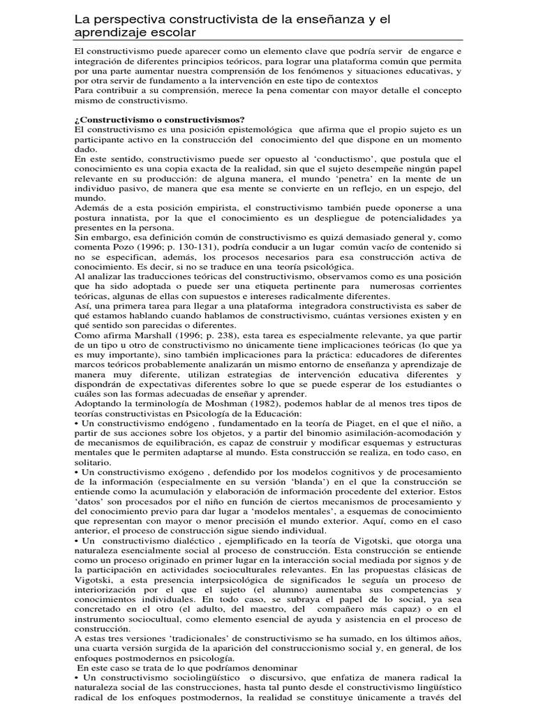 La Perspectiva Constructivista de La Enseñanza y El Aprendizaje Escolar | PDF | Constructivismo ...
