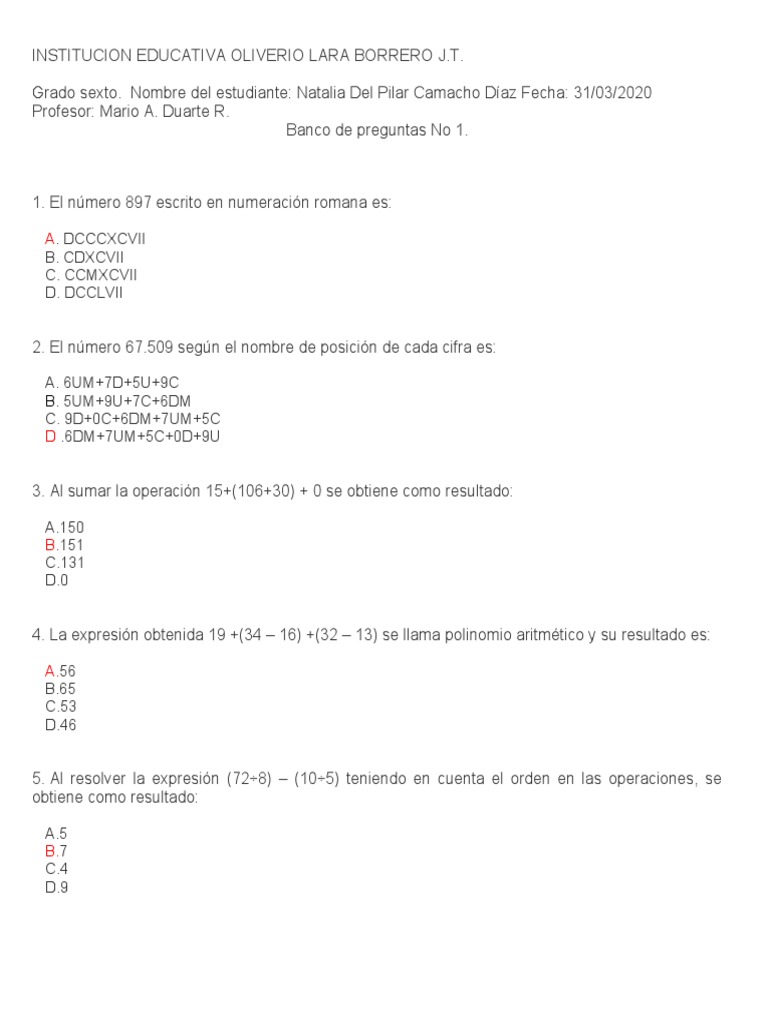 Banco de Preguntas Matematicos Grado Sexto | PDF