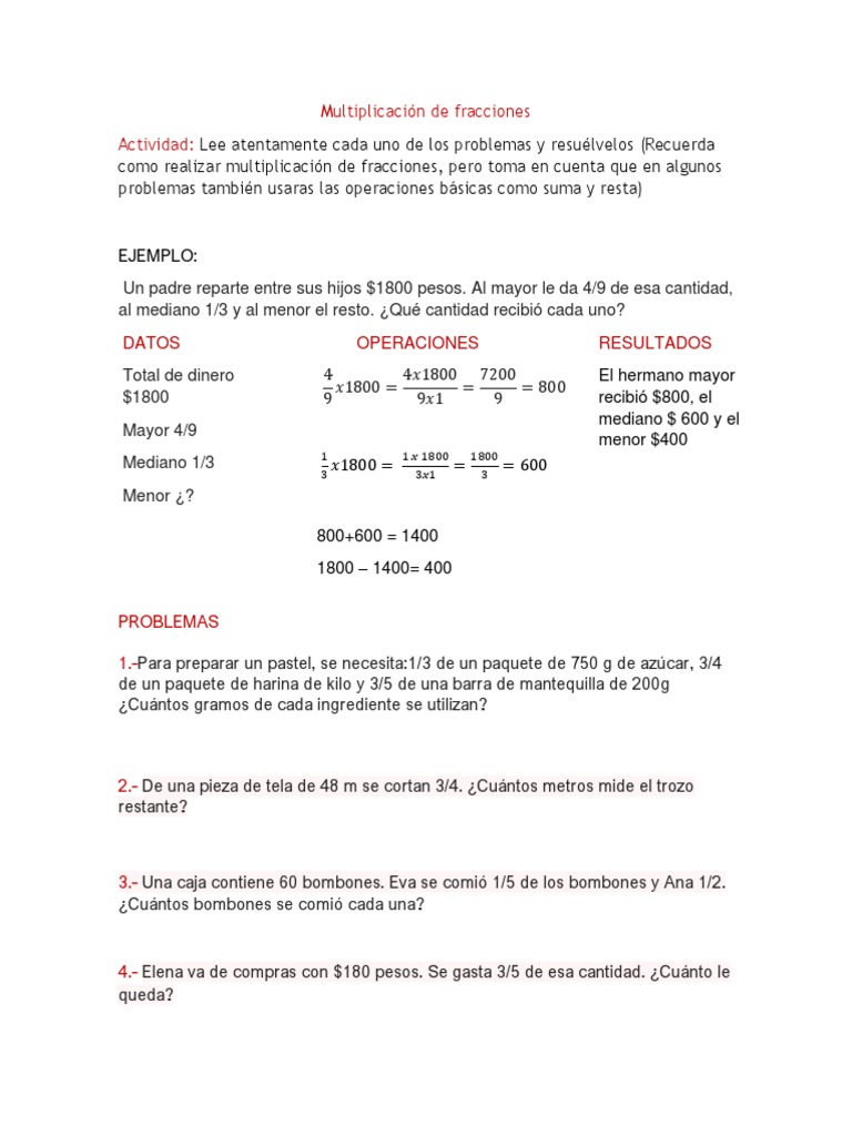 Problemas de multiplicación de fracciones | PDF