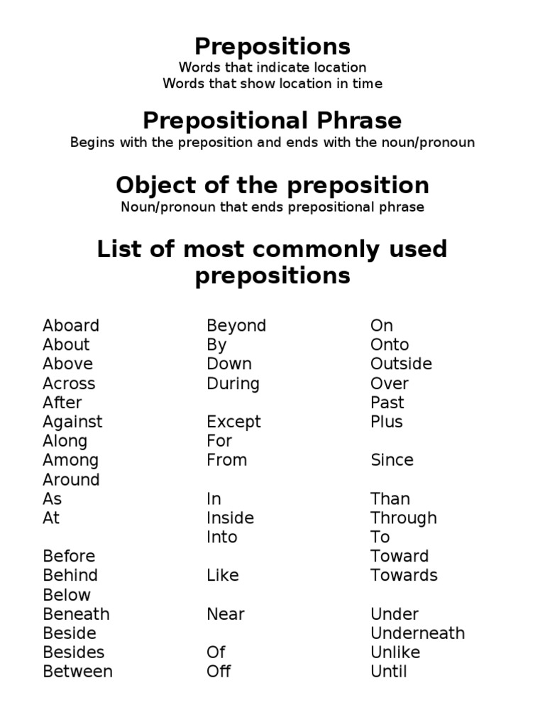 Preposition Cheat Sheet | PDF