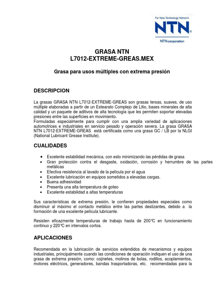 Ficha Tecnica Grasa NTN | Descargar gratis PDF | Lubricante | Agua