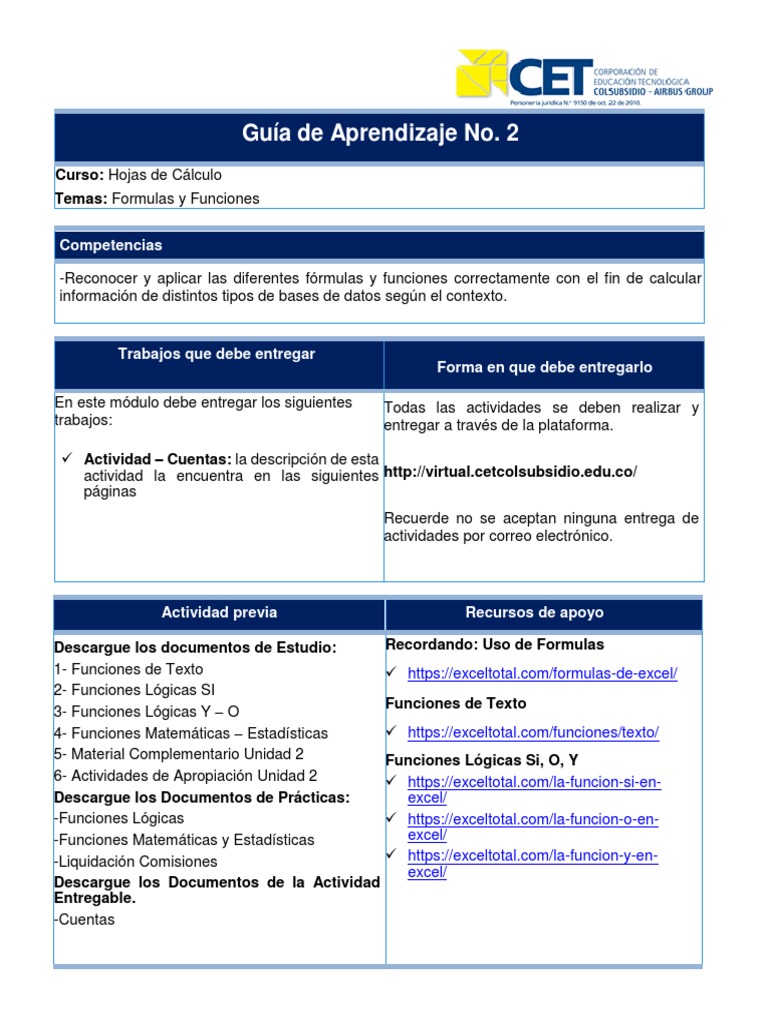 Guía de Aprendizaje 2 PDF | Descargar gratis PDF | Microsoft Excel | Cognición