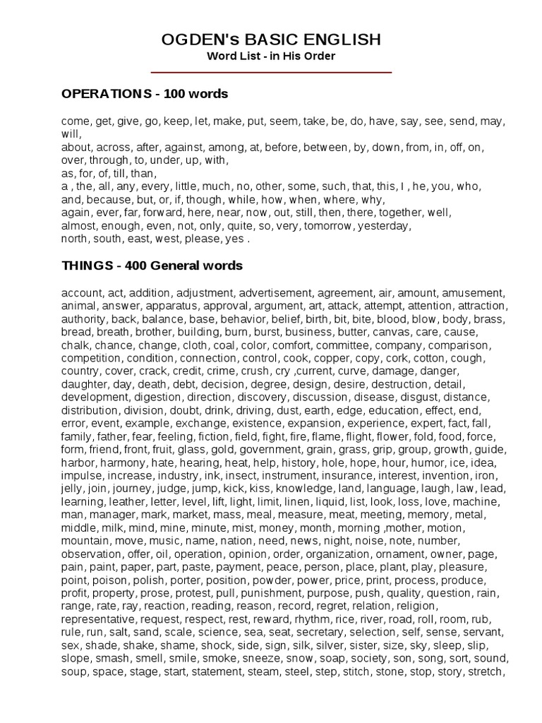 Ogden'S Basic English: OPERATIONS 100 Words | PDF | Nature