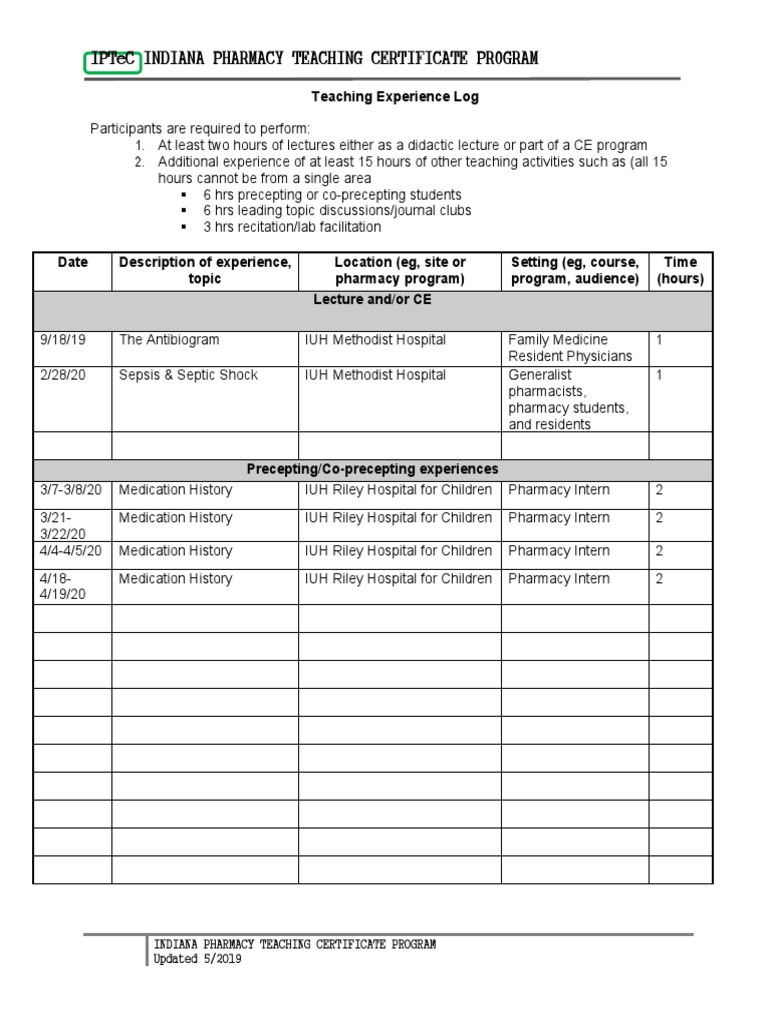 Indiana Pharmacy Teaching Log | PDF | Pharmacy | Pharmacist