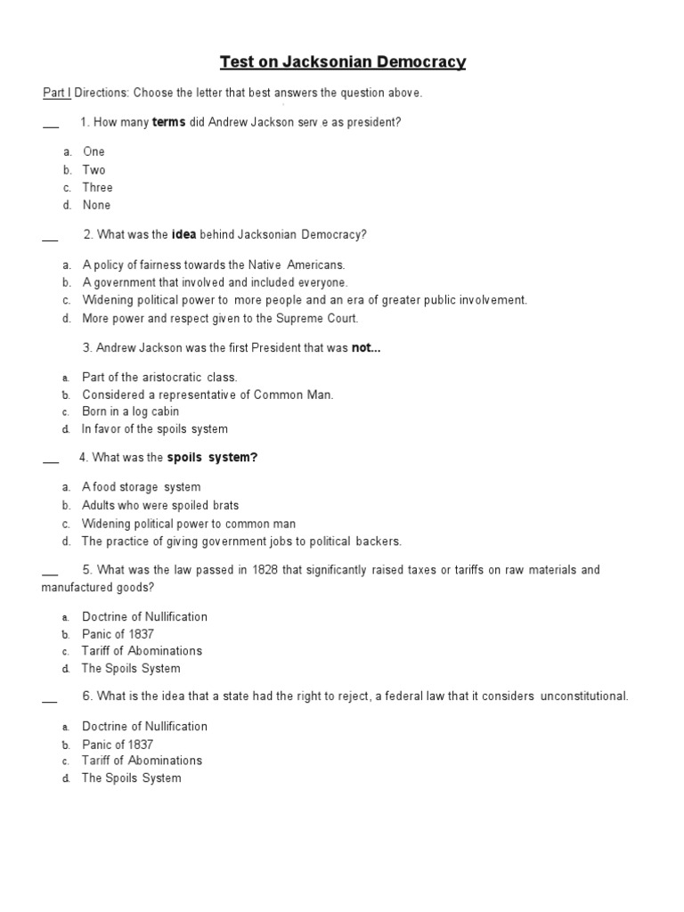 Test On Jacksonian Democracy: Terms | PDF | Andrew Jackson ...