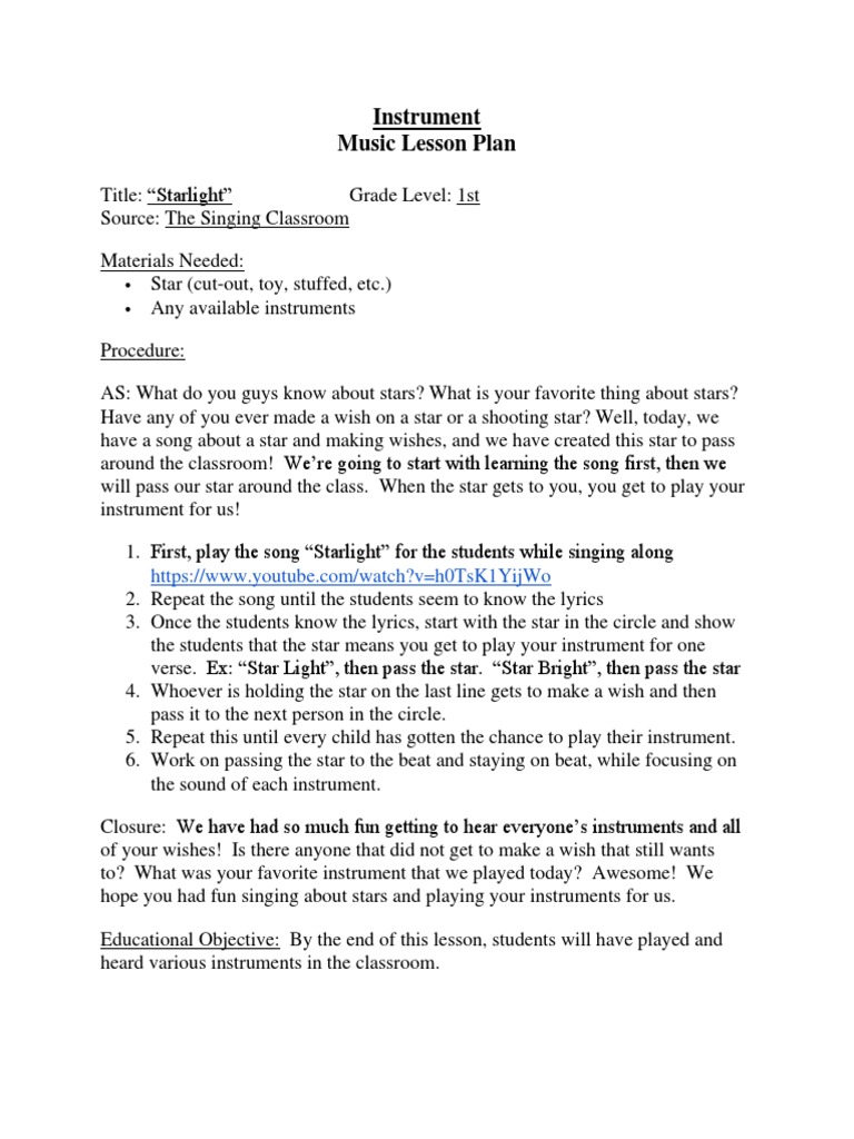 Instrument Music Lesson Plan | PDF | Classroom | Lesson Plan