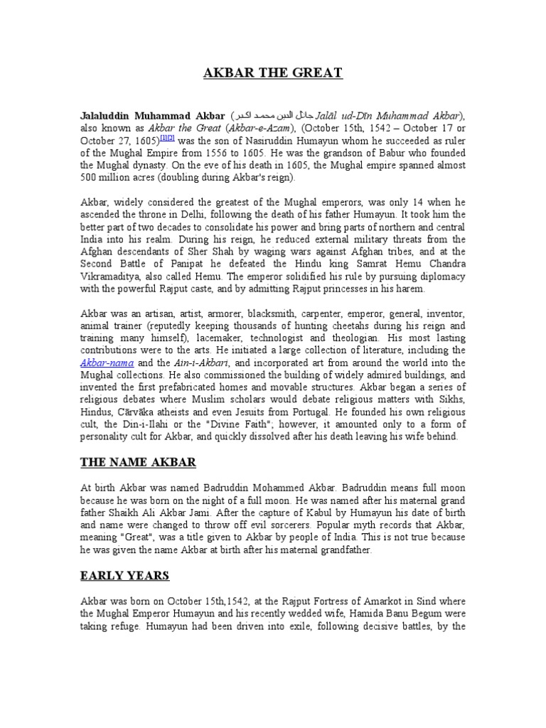 Akbar The Great | PDF | Mughal Empire | Timurid Dynasty