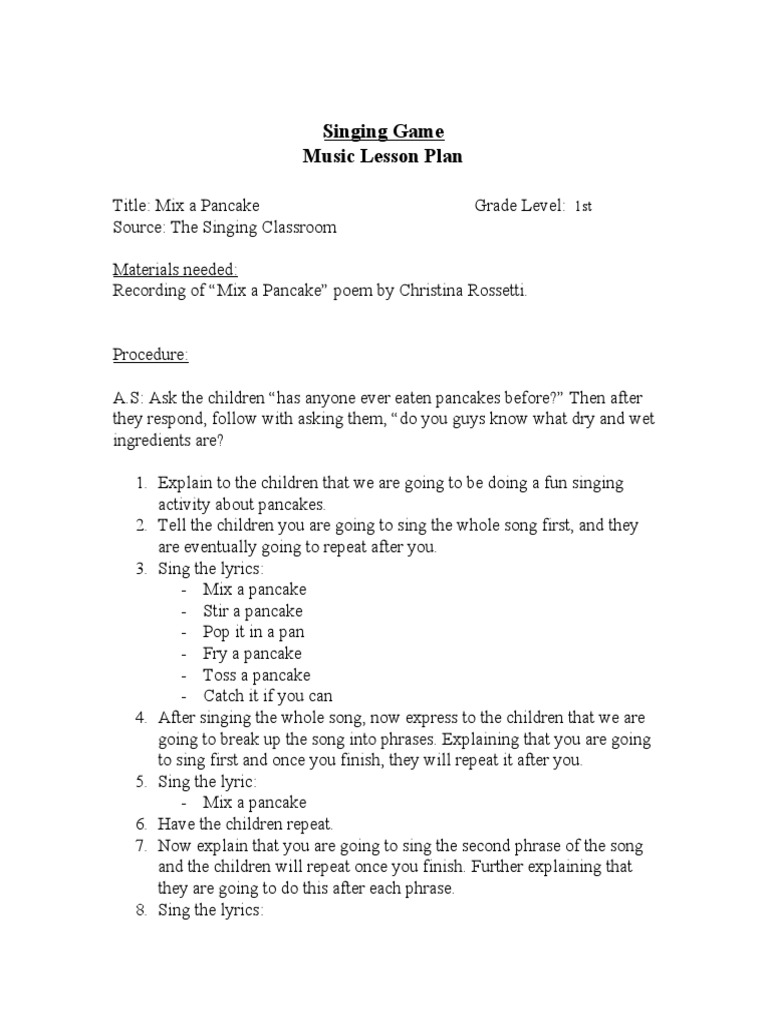 Singing Game Music Lesson Plan | PDF | Pancake | Cognition