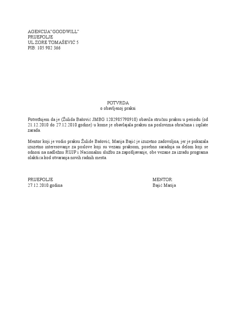 Potvrda o Praksi | PDF