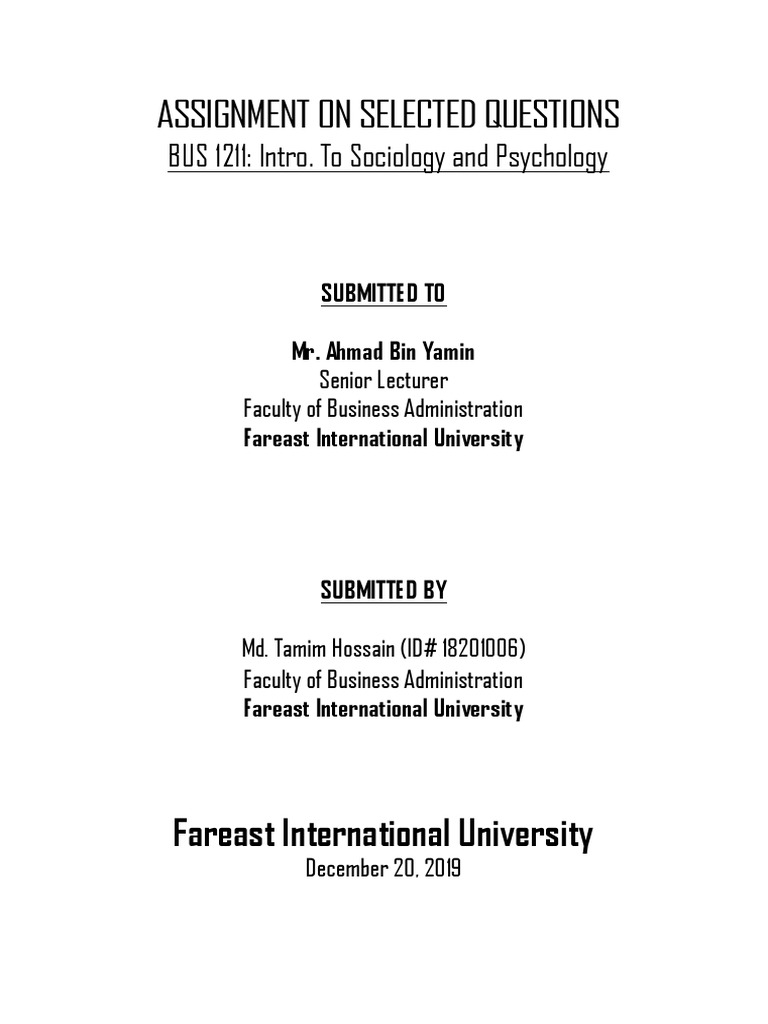 Assignment On Selected Questions: Fareast International University ...