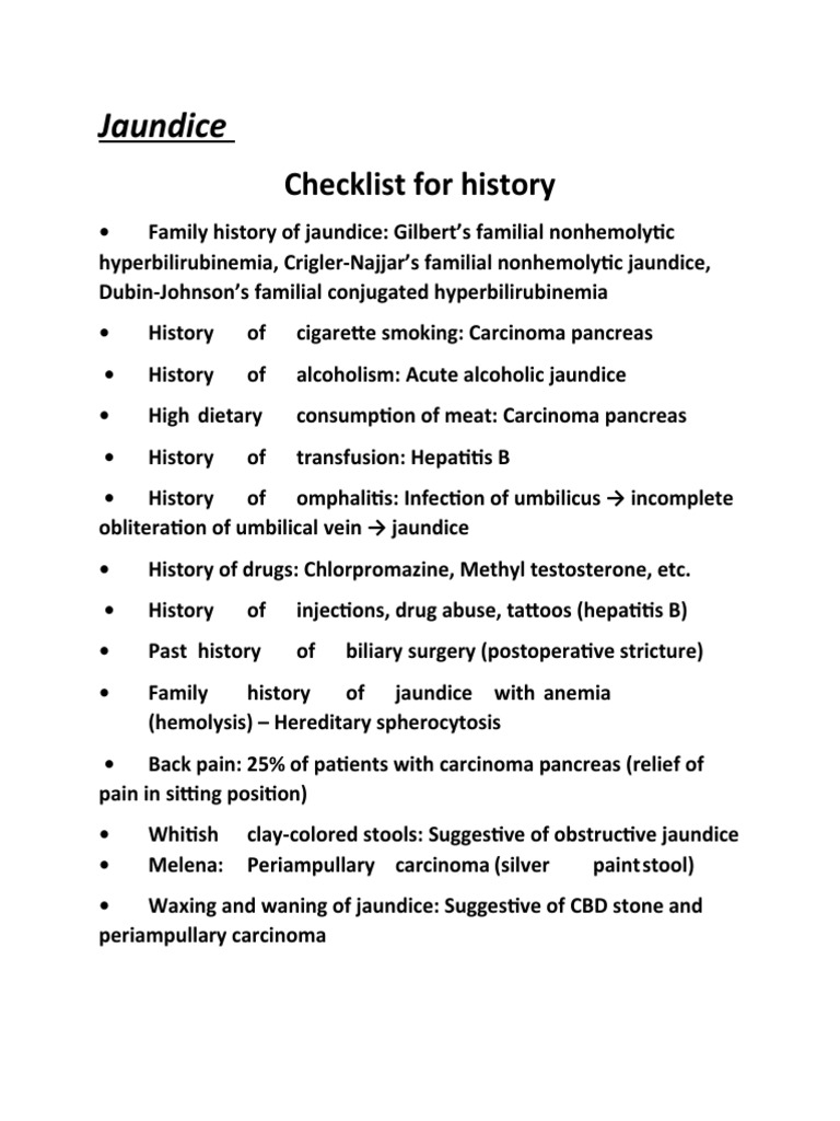 Jaundice: Checklist For History | PDF | Digestive Diseases ...