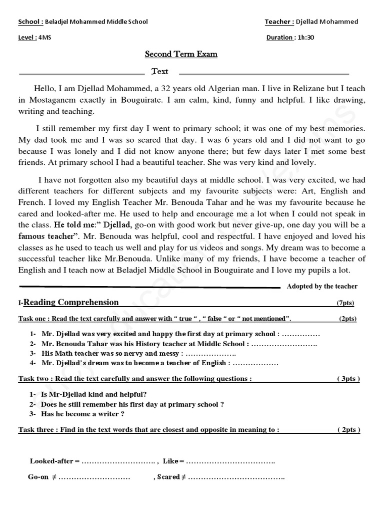 Beladjel Mohammed Middle School: Reading Comprehension | PDF