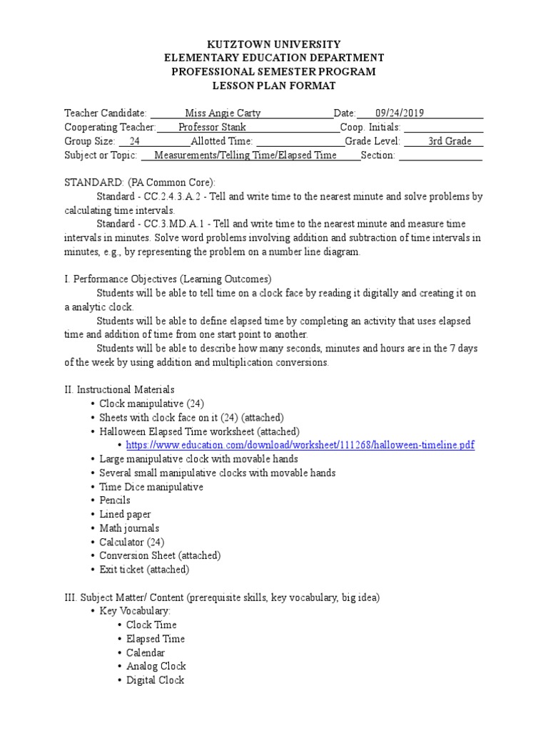 Math Adapted Lesson Plan | PDF | Clock | Time