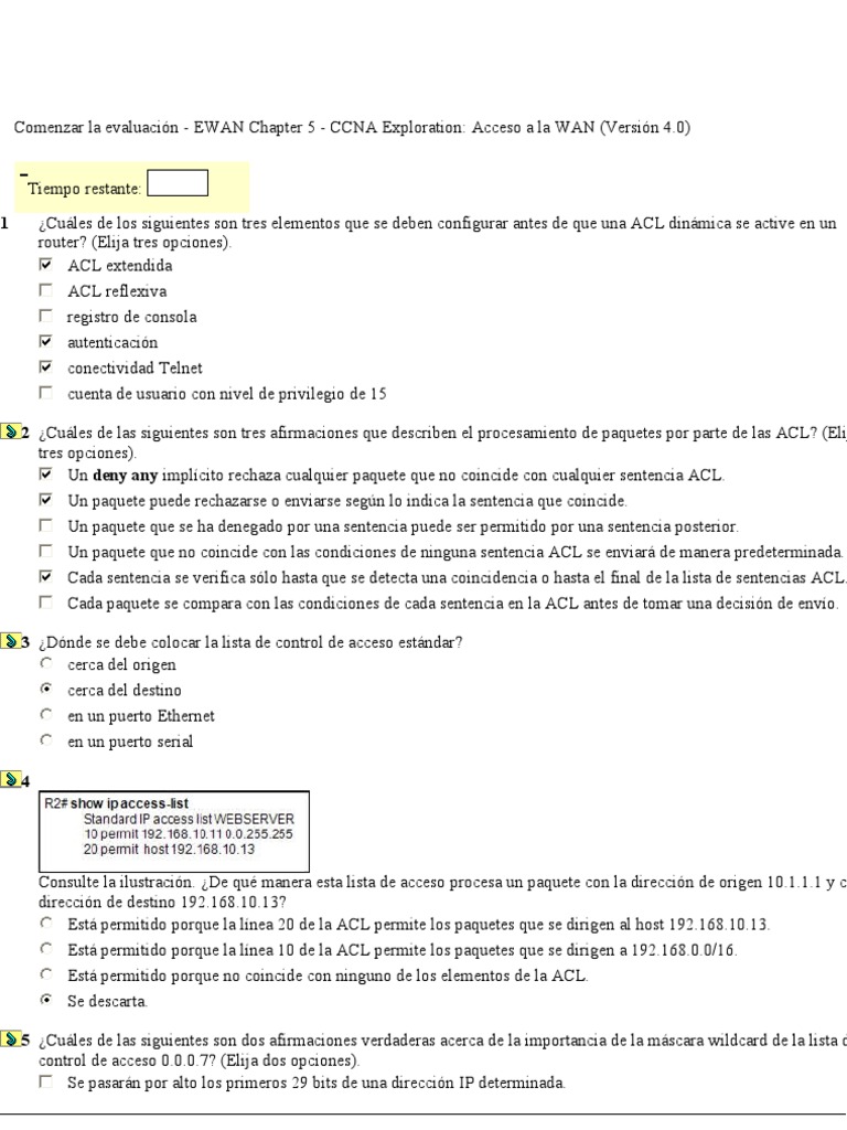 Examen ACL para CCNA Exploration | PDF | Enrutador (Computación) | Dirección IP