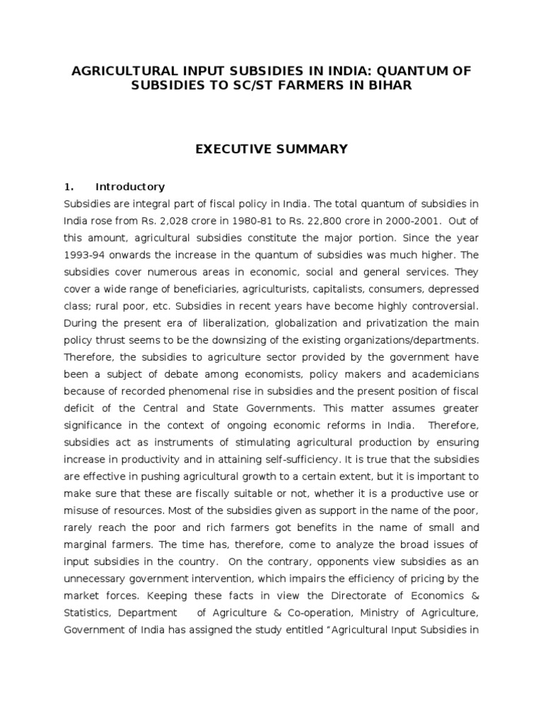Agricultural Input Subsidies in India: Quantum of Subsidies To SC/ST Farmers in Bihar | PDF ...