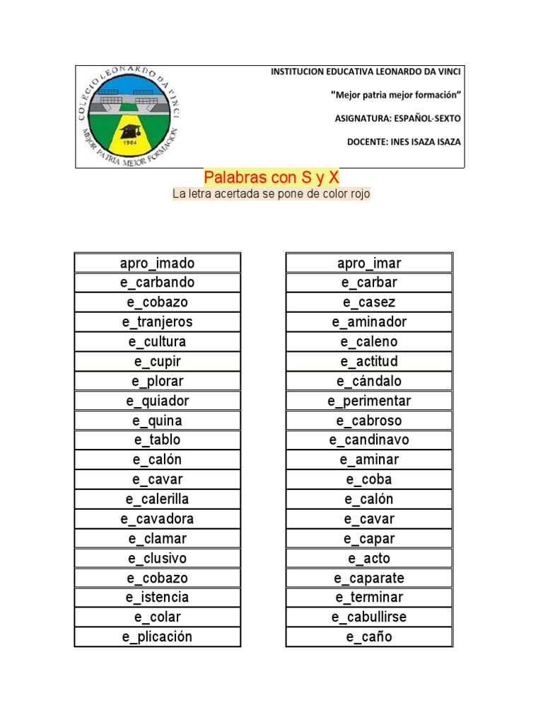 Palabras con S y X para Sexto Grado | PDF | Artes del Lenguaje y ...