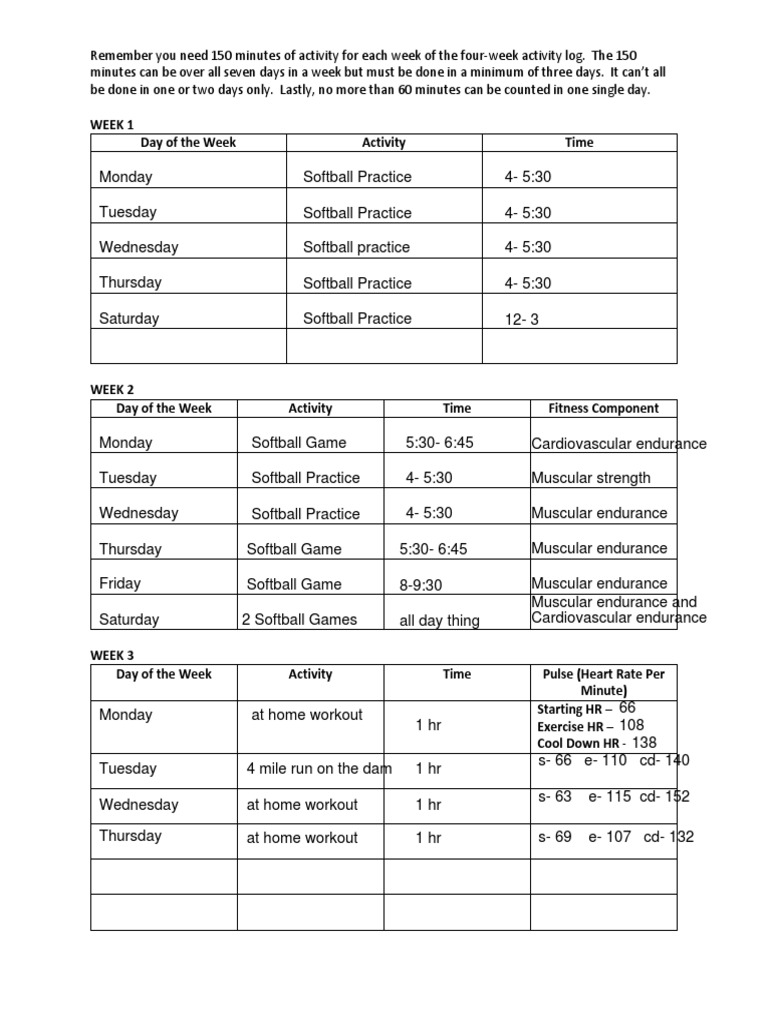 Weekly Physical Activity Log Template | PDF | Determinants Of Health ...