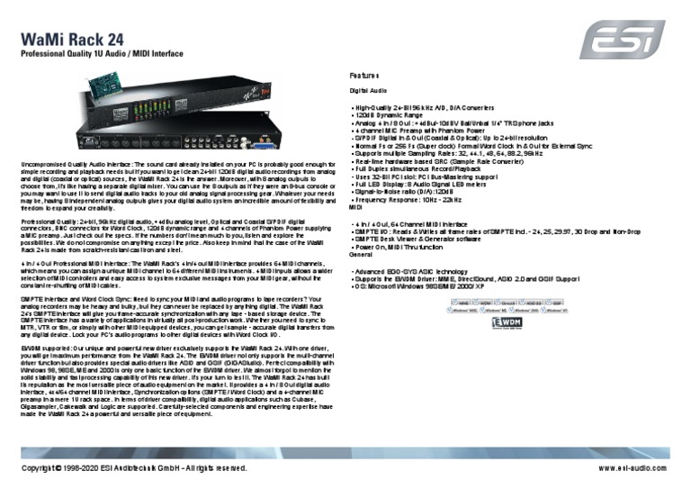 Wami Rack 24: Professional Quality 1U Audio / Midi Interface | PDF ...