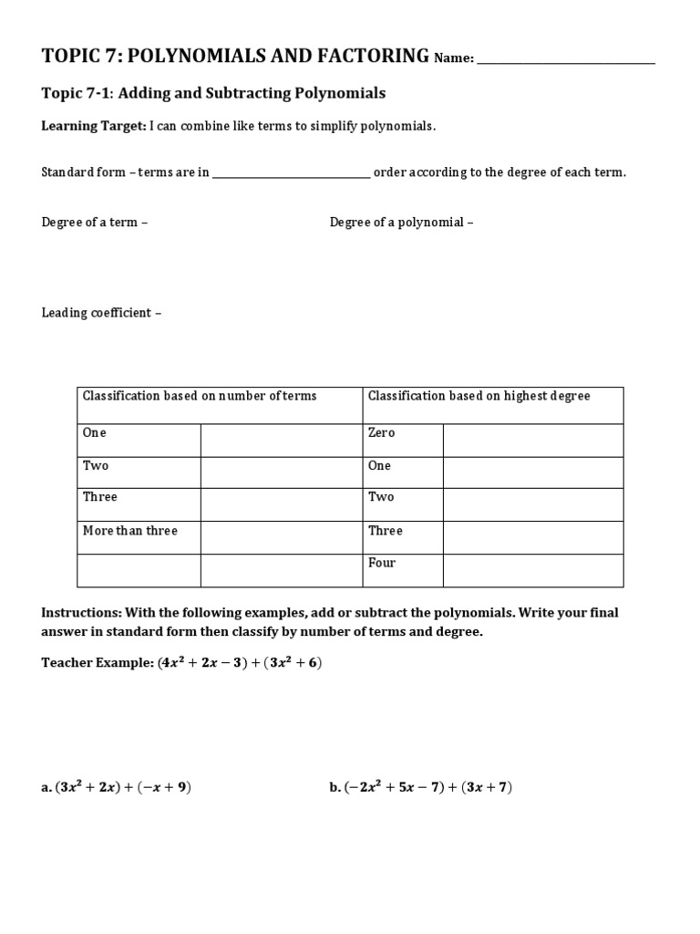Topic 7 Polynomials and Factoring Notes PDF | Download Free PDF ...