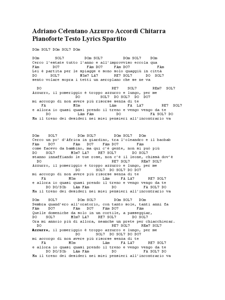 Adriano Celentano Azzurro Accordi Chitarra Pianoforte Testo Lyrics Spartito