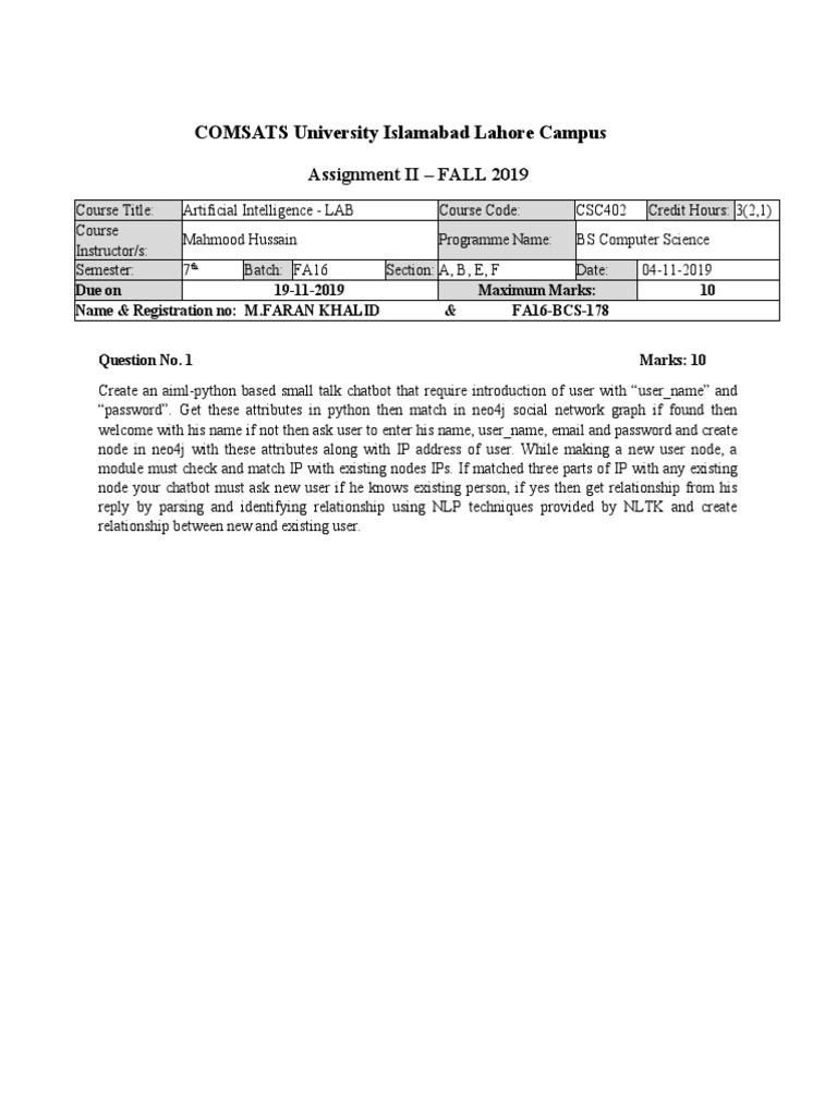 COMSATS University Islamabad Lahore Campus: Assignment II - FALL 2019 ...