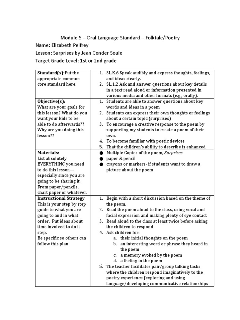 Oral Language Lesson Plan for Grades 1-2 | PDF | Poetry | Question