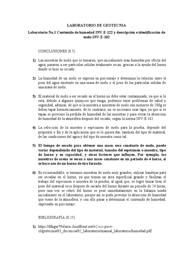 Conclusiones Lab. No.1-Laboratorio de Geotecnia | PDF | Humedad | Suelo
