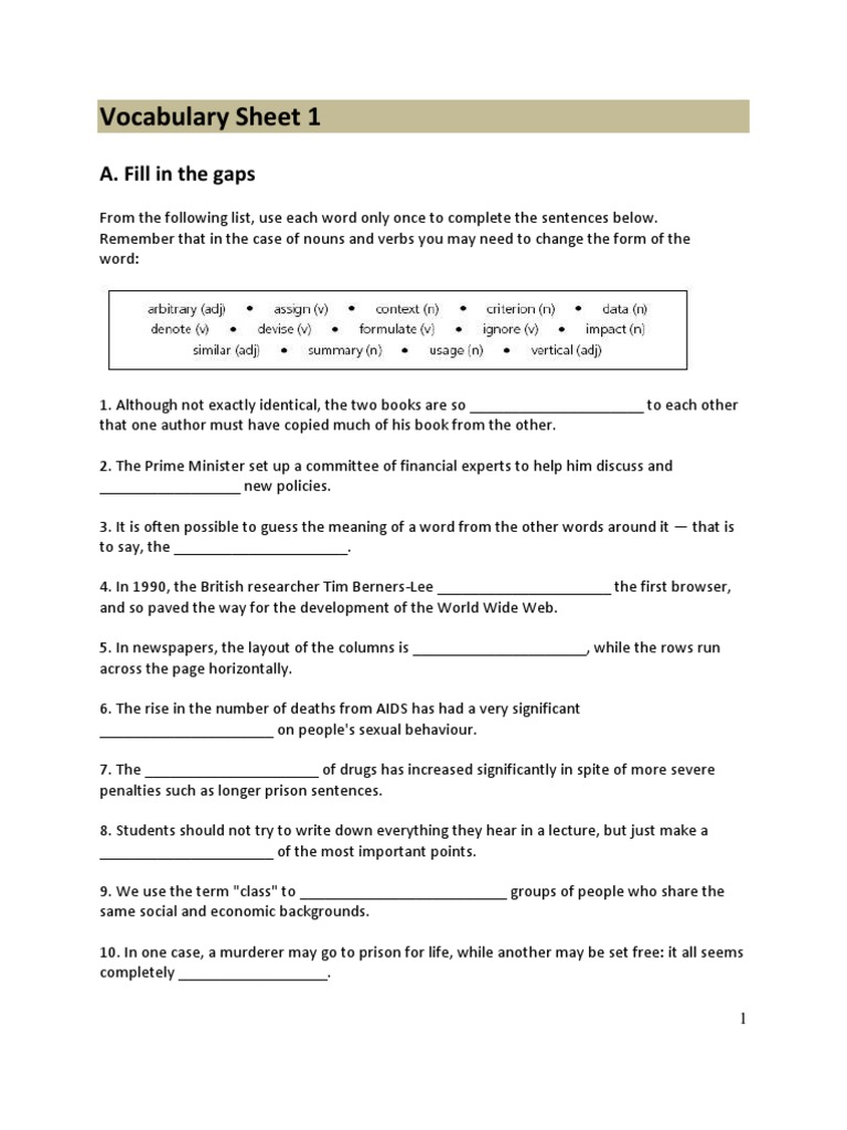 Vocabulary Sheet 1: A. Fill in The Gaps | PDF | Vocabulary | Word