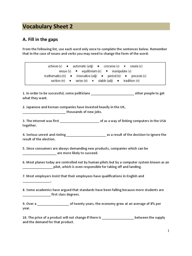 Vocabulary Sheet 2: A. Fill in The Gaps | PDF | Vocabulary | Heart