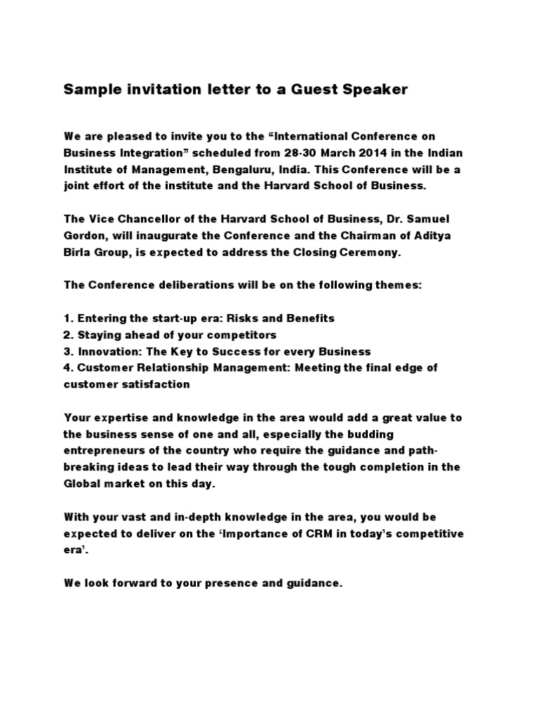 Sample Letter Invitation For A Speaker | PDF | Customer Relationship ...
