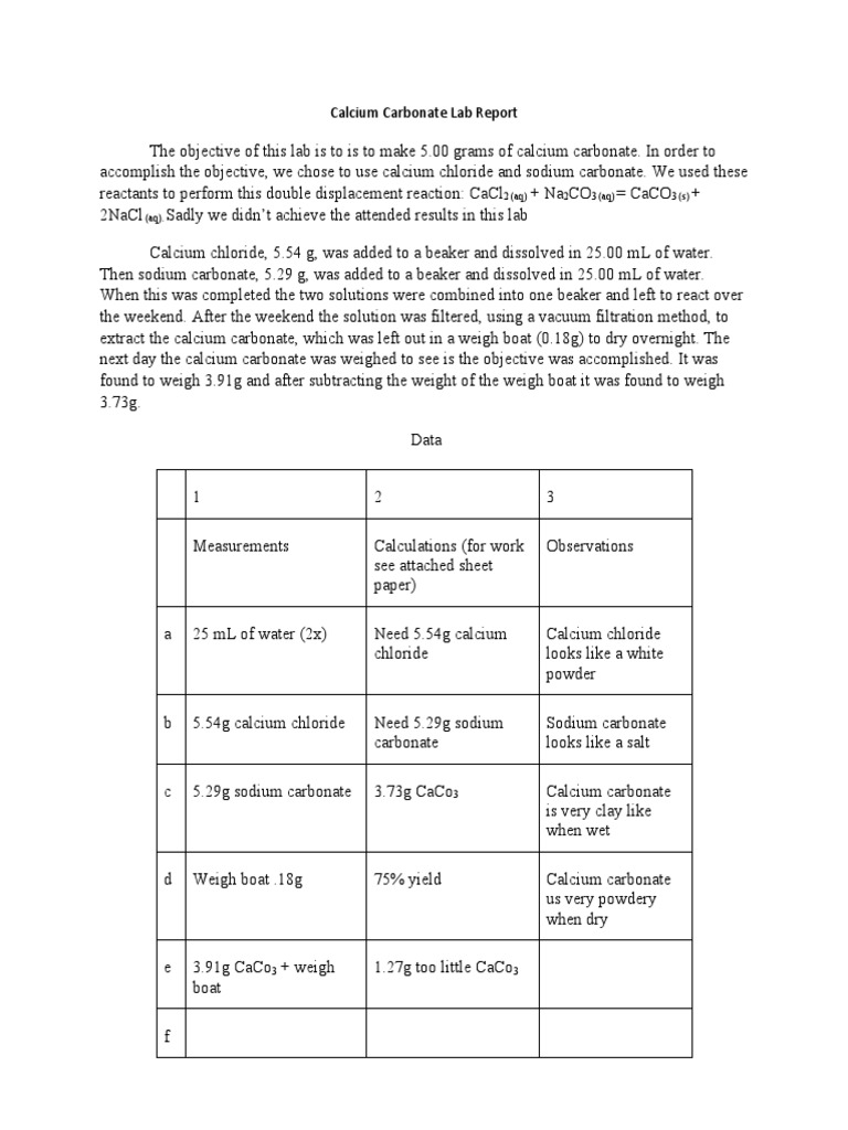 Calcium Carbonate Lab Report | PDF | Sodium Carbonate | Sodium