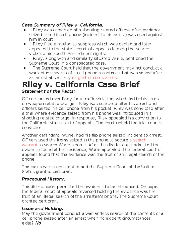 Case Summary of Riley V California | PDF | Search And Seizure | Fourth ...