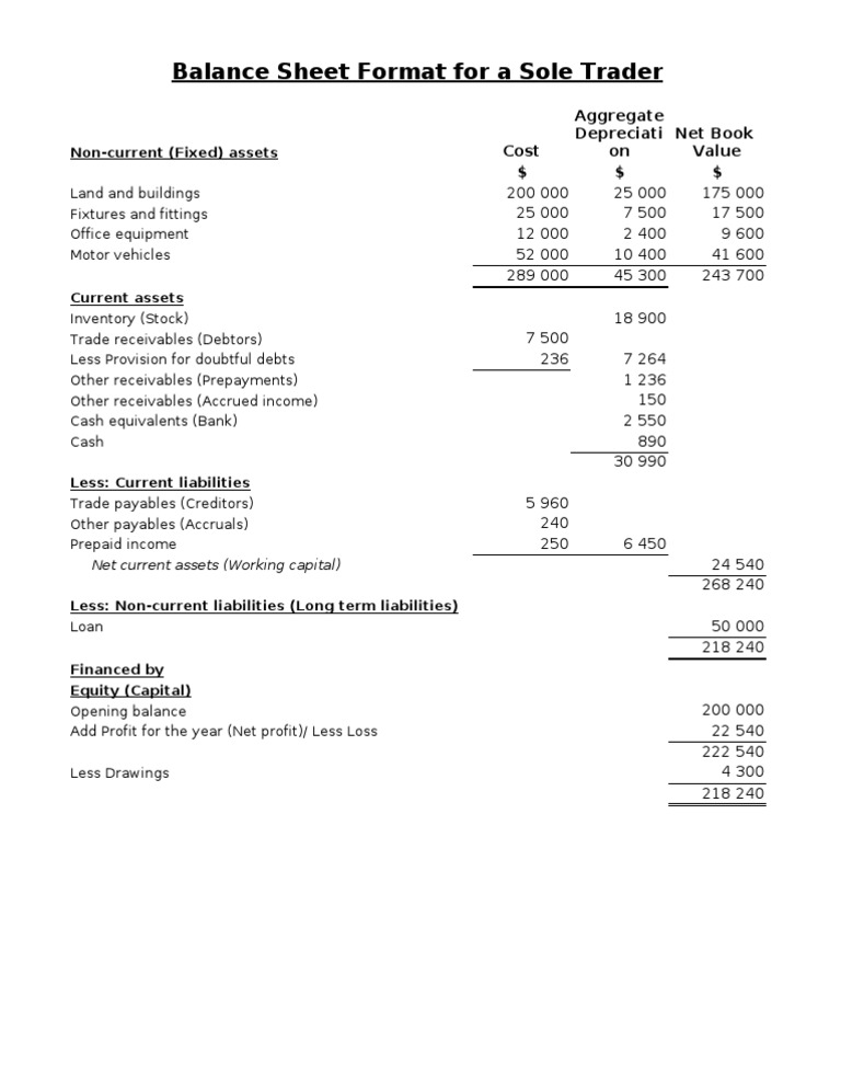 Balance Sheet Format For A Sole Trader
