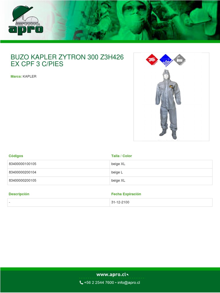 Buzo Kapler Zytron 300 Tallas XL y L | PDF