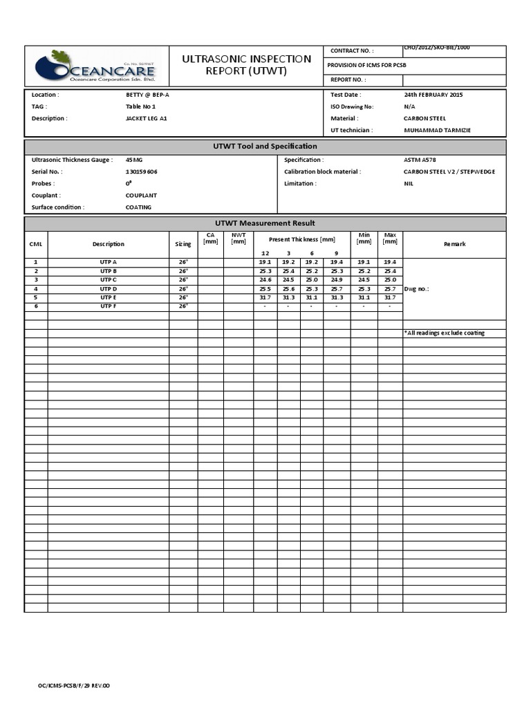 Ultrasonic Inspection Report (Utwt) : UTWT Tool and Specification | PDF ...